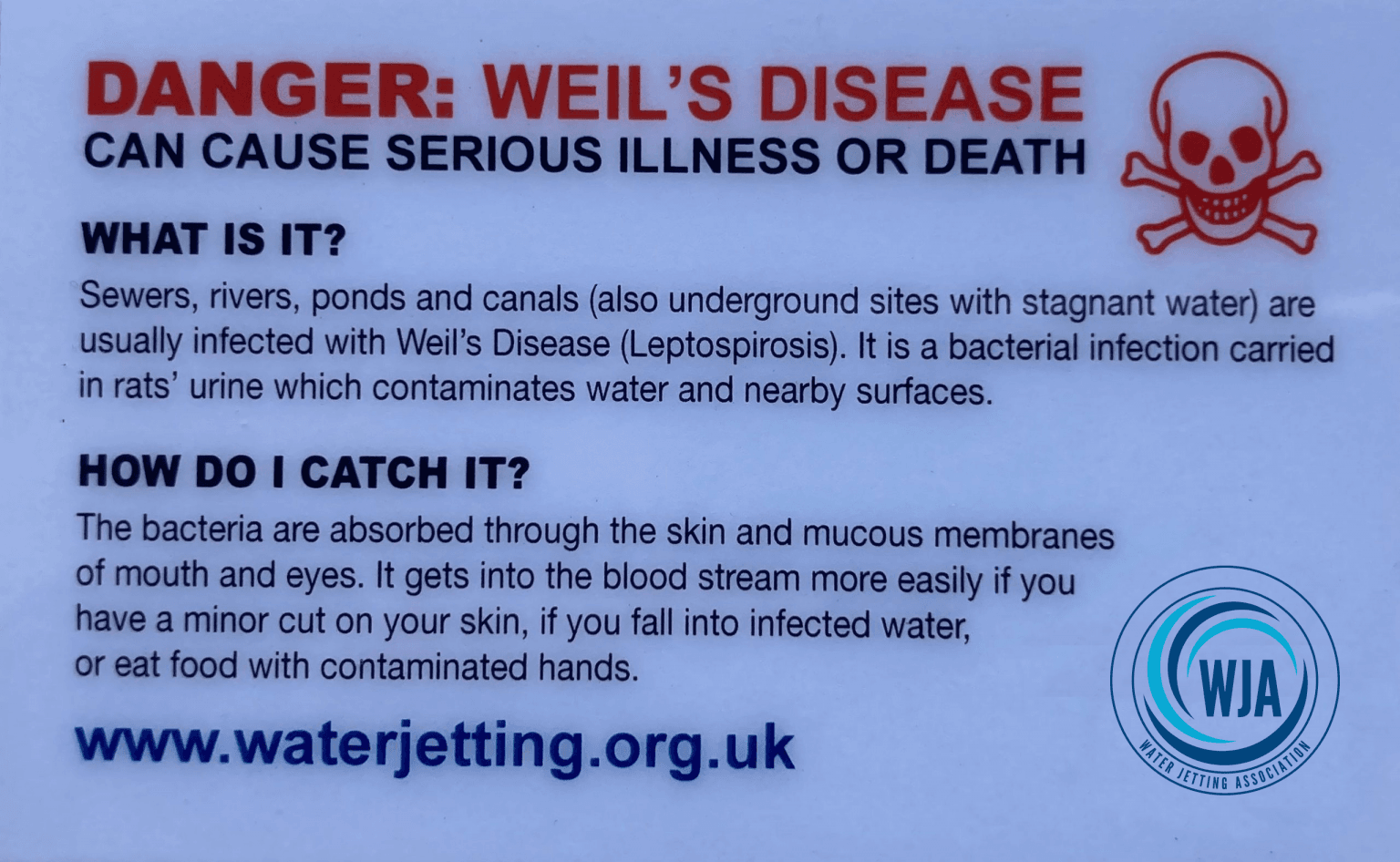 Weil's Disease Card - Water Jetting Association